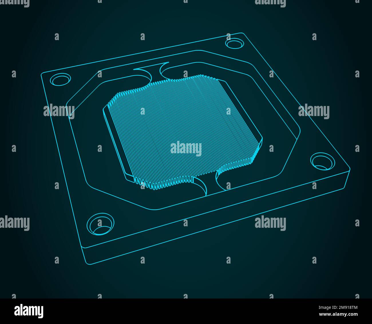 Stylized vector illustrations of CPU water cooling block base with ...