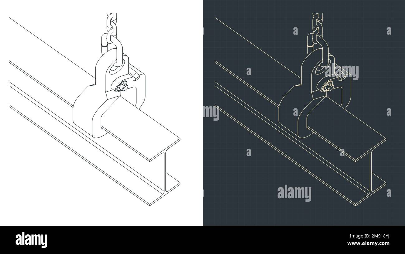 Stylized vector illustrations of drawings of I-beam gripper with beam ...