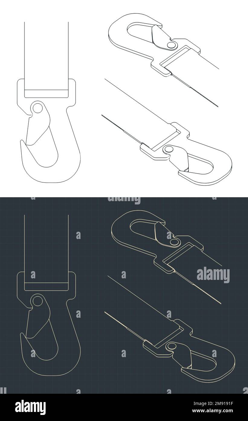 Stylized vector illustration of blueprints of webbing sling hook Stock ...