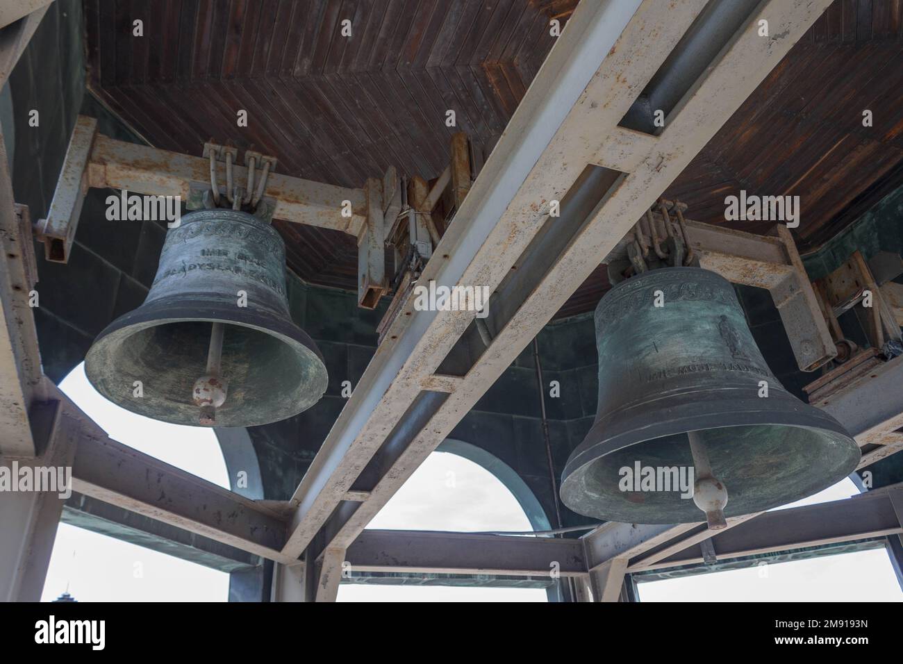 The copper bells of the Historic bell tower of the church of St. Anna ...