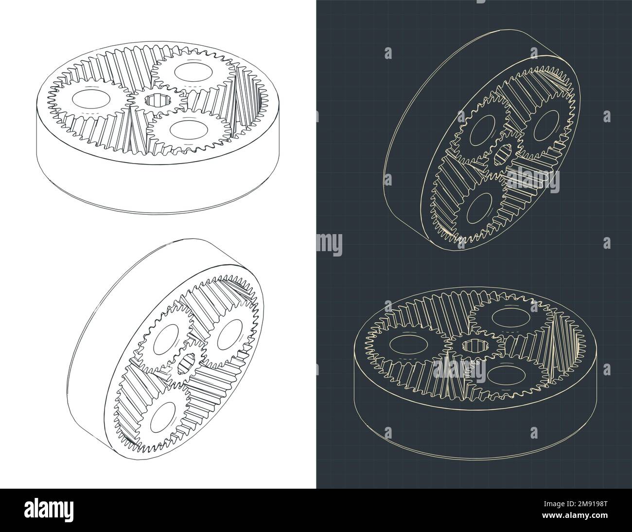 Stylized vector illustrations of isometric blueprints of planetary ...
