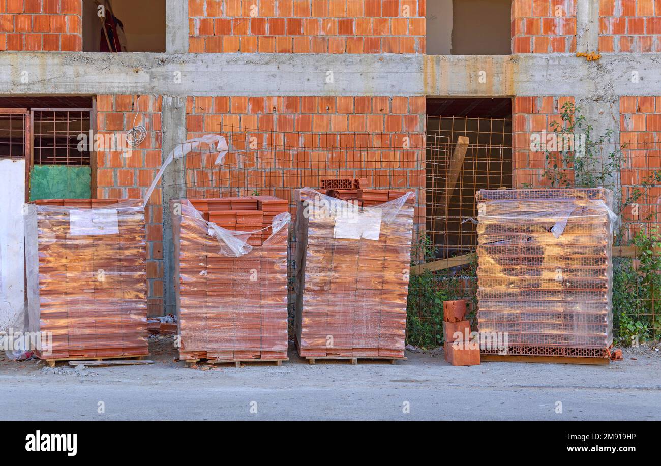 New Bricks Blocks at Pallets Construction Site Building Material Stock ...