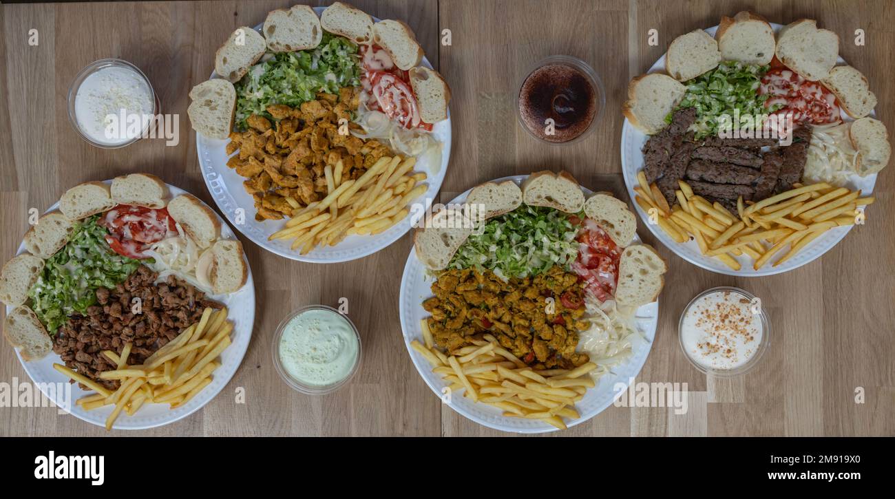 Bistro culinary Still Life. Mix of traditional dishes top view Stock ...