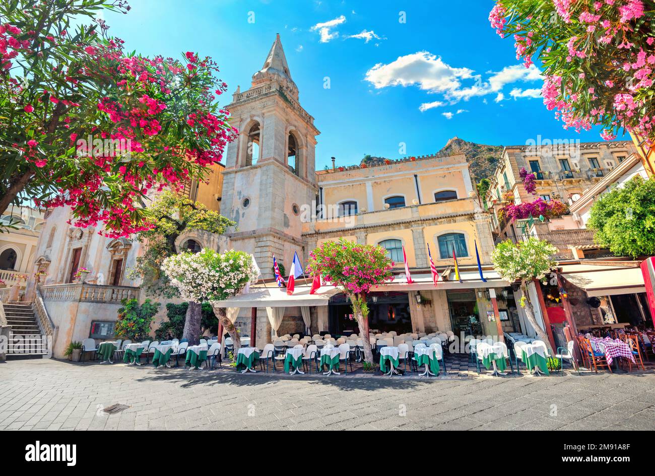 Picturesque view of San Giuseppe Church at IX Aprile Square in Taormina ...