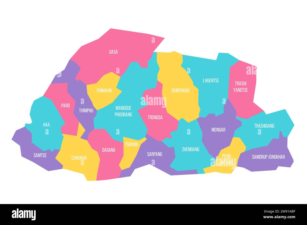 Bhutan political map of administrative divisions - districts. Colorful vector map with labels ...