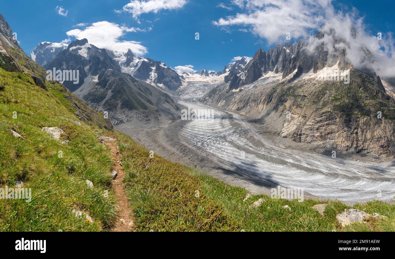 The panorama of Mont Blanc massif, Mt. Blanc du Tacul, Les Aiguilles ...