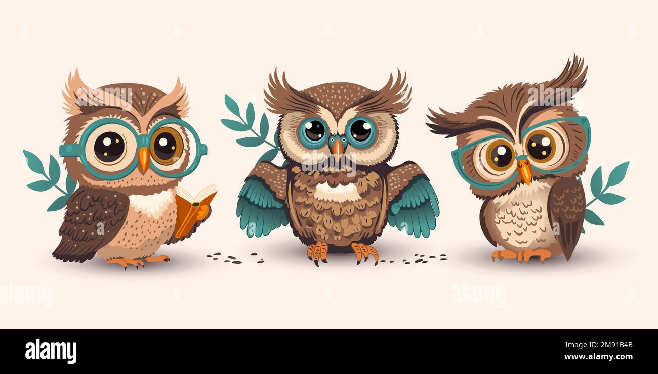 Cute cartoon owl in glasses set with a book, smart student kids vector ...