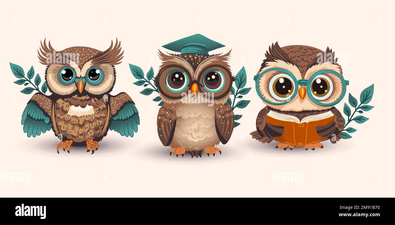 Cute cartoon owl in glasses and graduation cap set with a book, smart ...