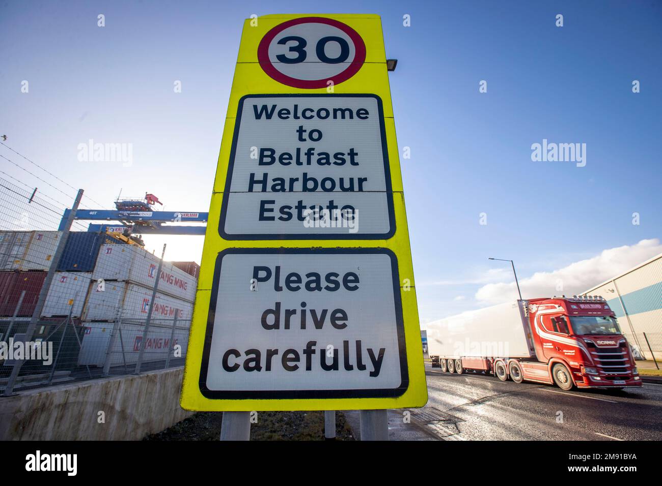 A general view of a road traffic sign welcoming drivers to Belfast ...