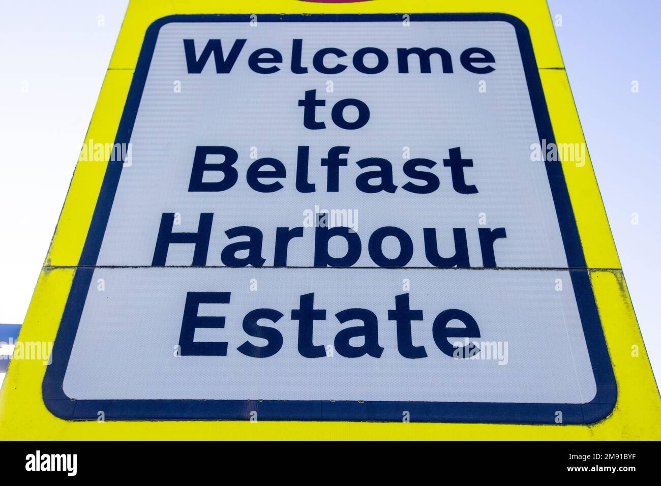 A general view of a road traffic sign welcoming drivers to Belfast ...