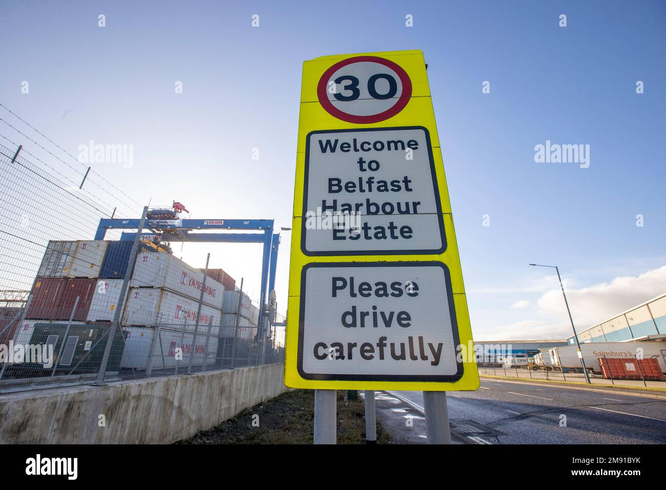 A general view of a road traffic sign welcoming drivers to Belfast ...