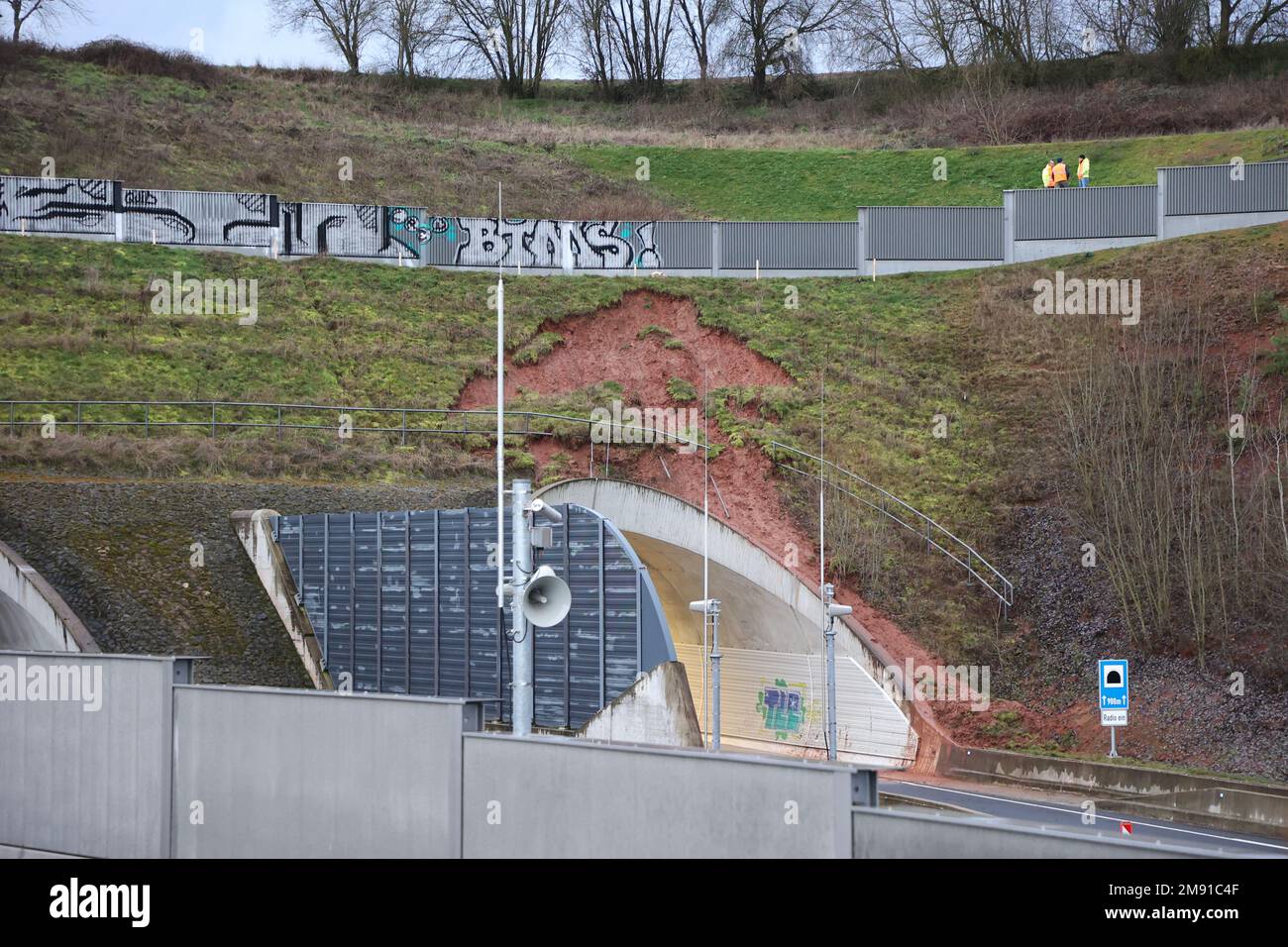 Schwalmstadt, Germany. 16th Jan, 2023. After a landslide, the A49 ...