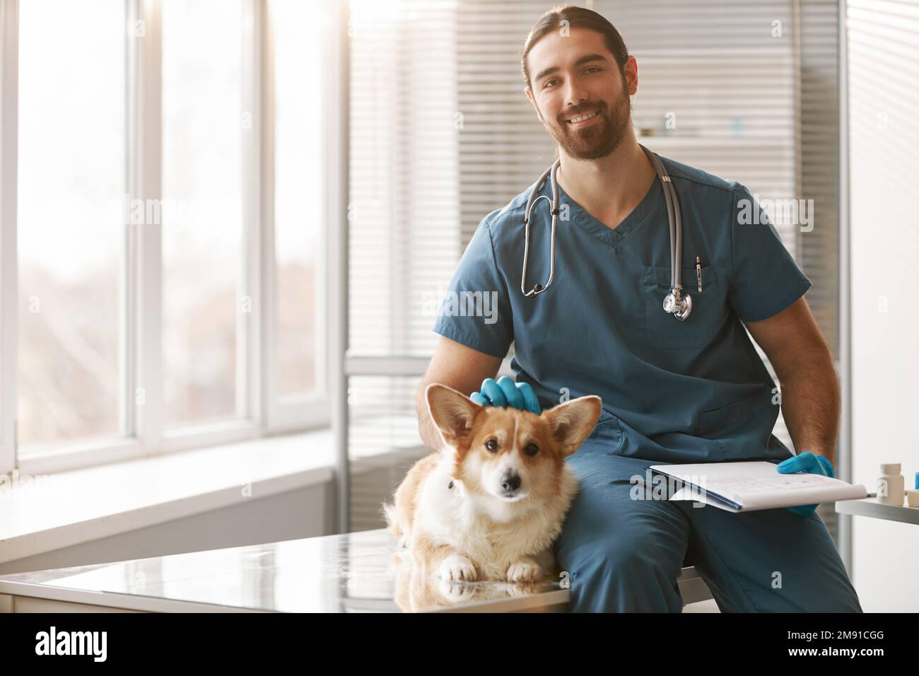 Successful male veterinary doctor with medical document cuddling head ...