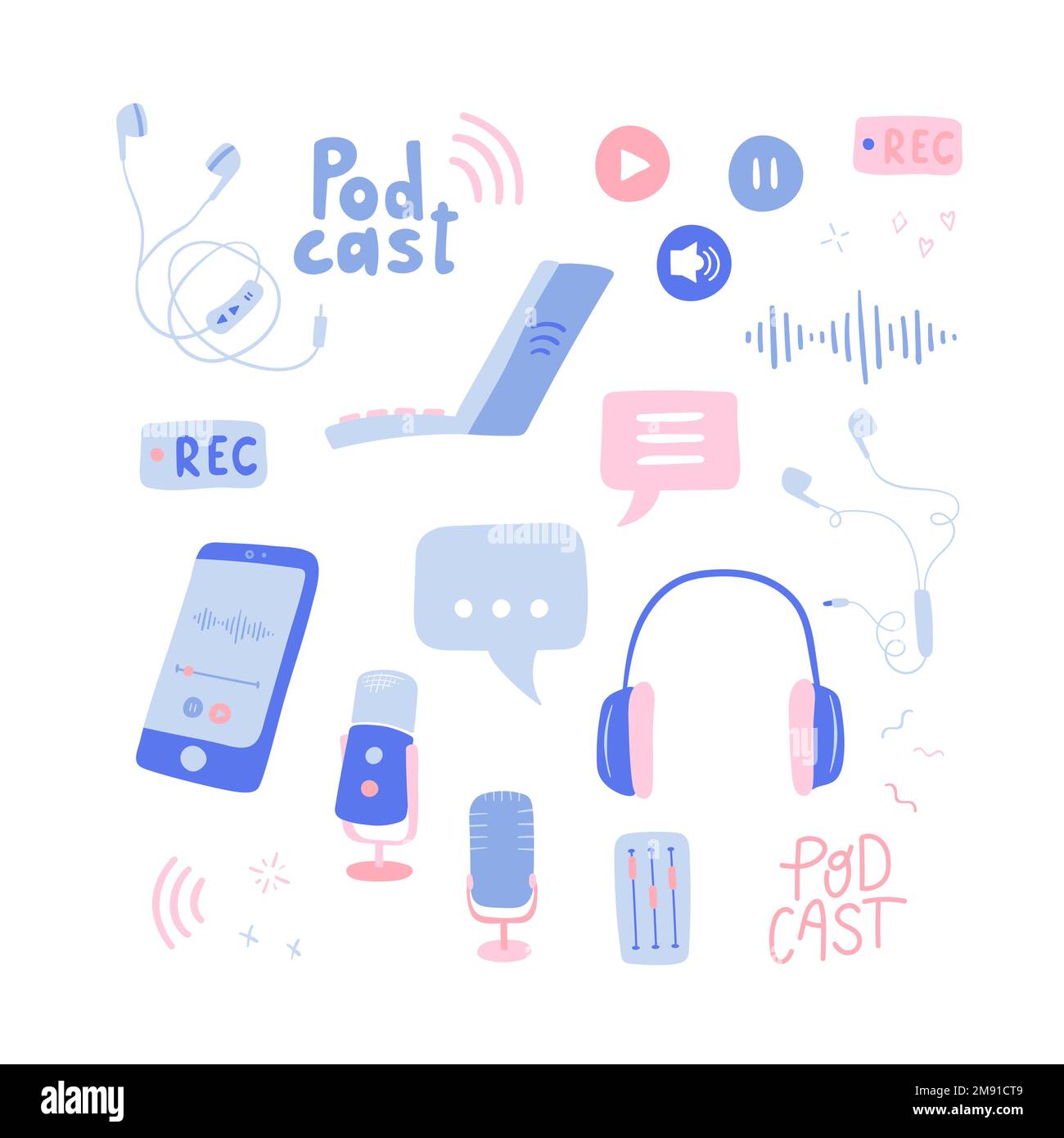 Fun hand drawn Podcast elements, headphones, microphone, laptop ...