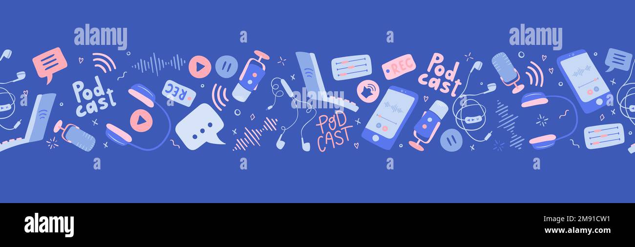 Fun hand drawn Podcast seamless pattern, headphones, microphone, laptop ...