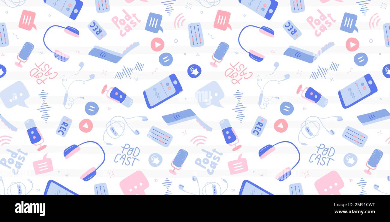 Fun hand drawn Podcast seamless pattern, headphones, microphone, laptop ... Fun hand drawn Podcast seamless pattern, headphones, microphone, laptop ...