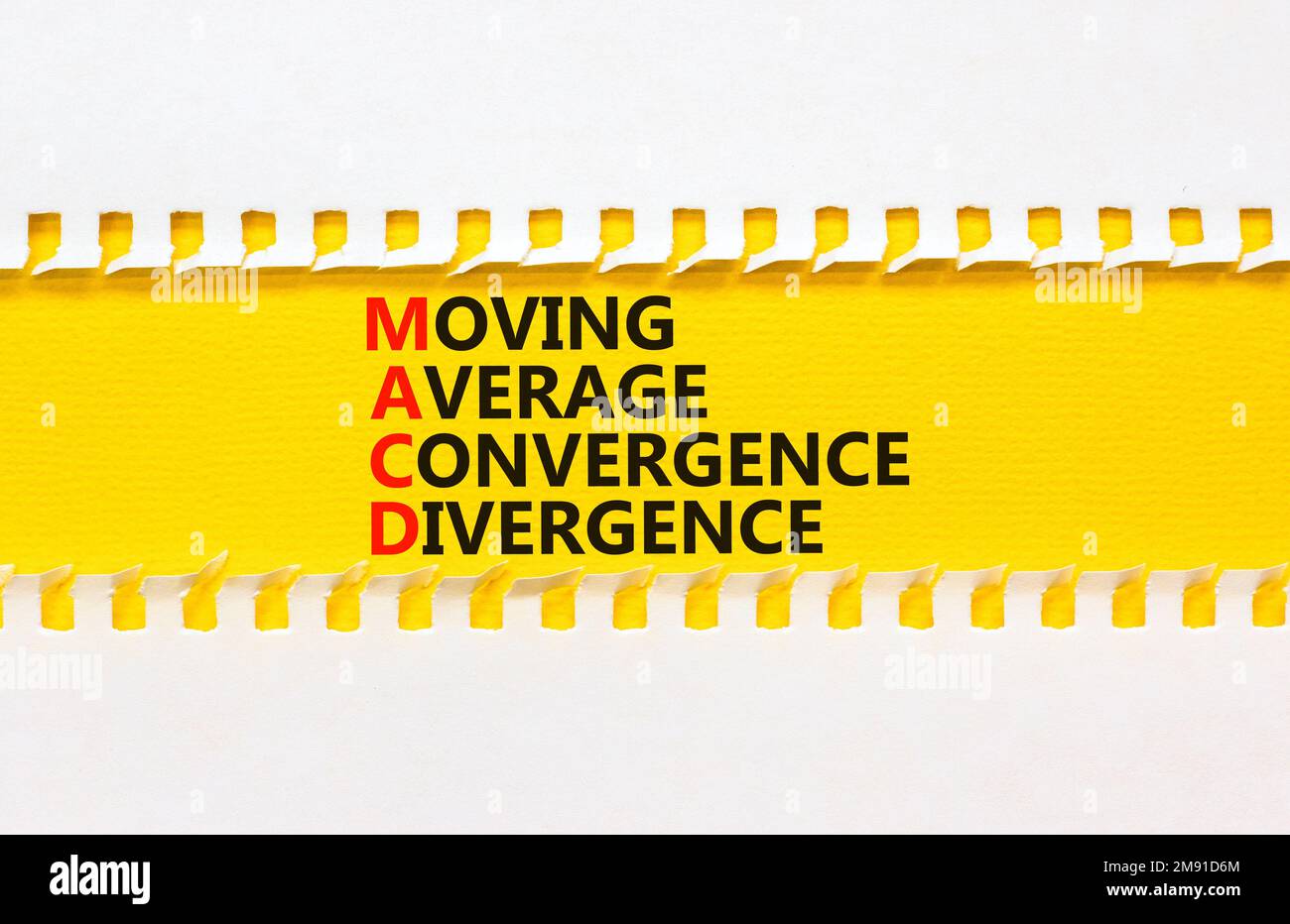 MACD symbol. Concept words MACD moving average convergence divergence on yellow paper on ...
