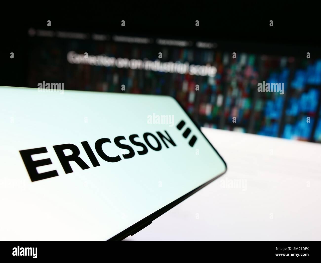 Mobile phone with logo of Swedish telecommunications company Ericsson ...