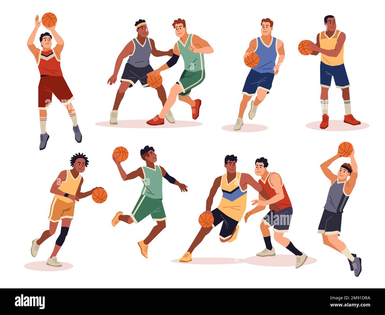 Basketball players. Athletes with ball in different poses, men handling ...