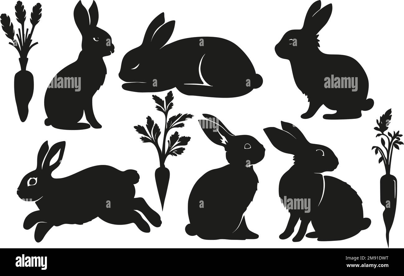 Rabbit bunny and carrot silhouette set, Easter vector animal ear black ...