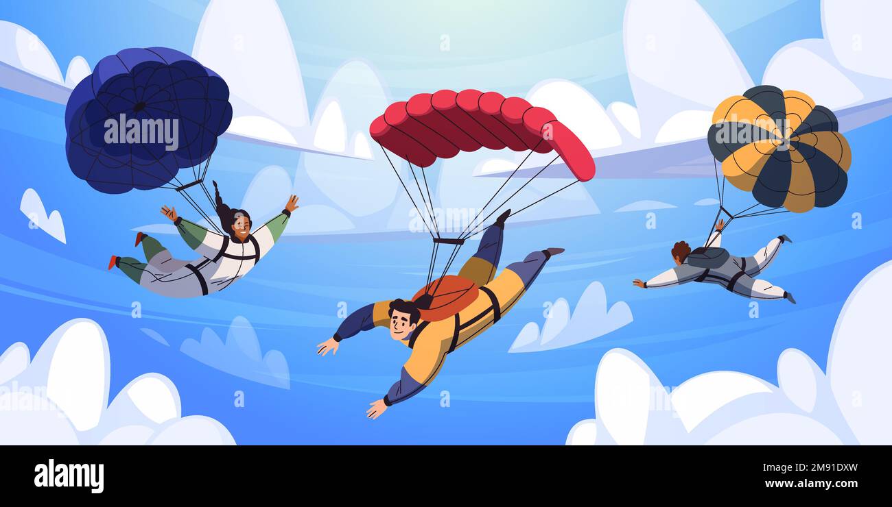 Parachutists in sky. Cartoon flat style drawing skydivers characters ...