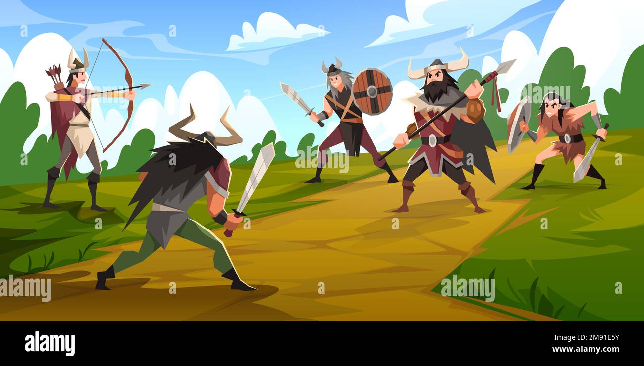 Vikings battle. Armed barbarians clash, scandinavian warriors with ...