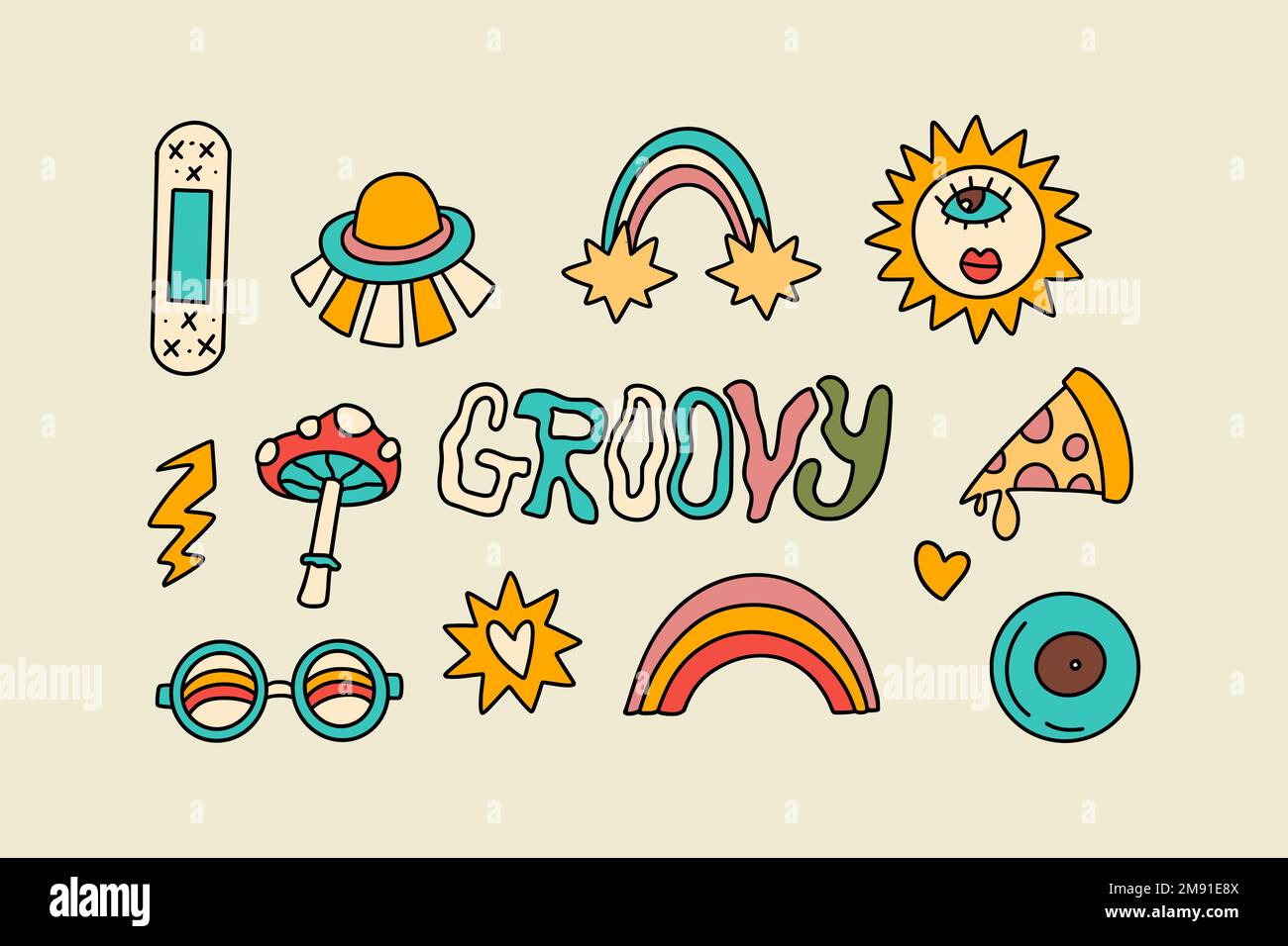 Retro vintage 70s 80s groovy element set, cute funky hippy sticker vector collection, summer ...