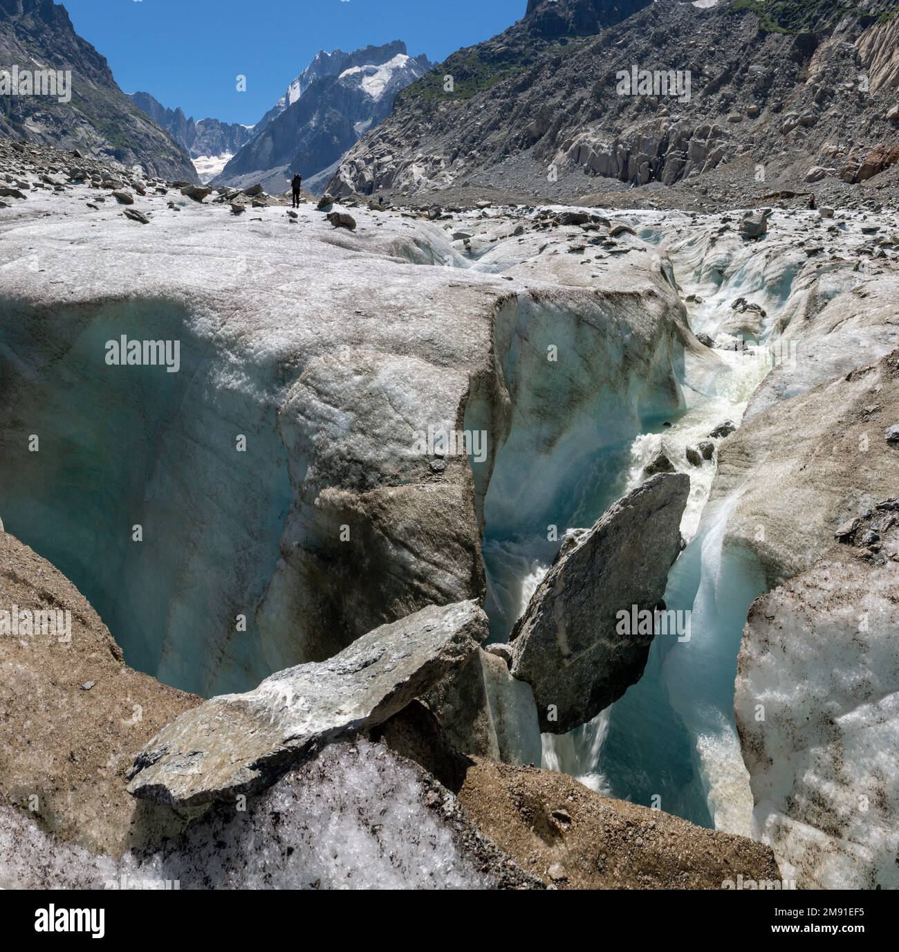 The glacial stream on the glacier Mer de Glace with the Garand Jorasses ...