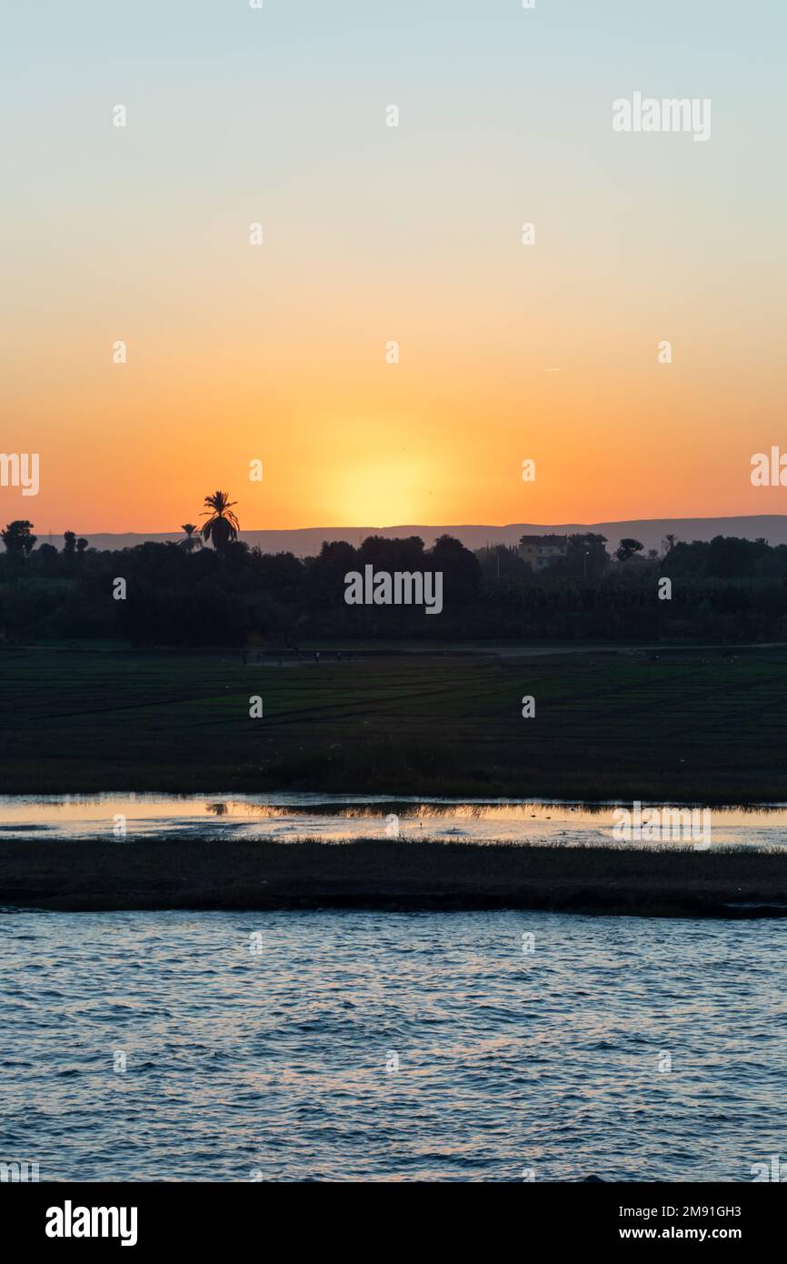 Vertical view of landscape on the banks of the Nile river. Egypt ...