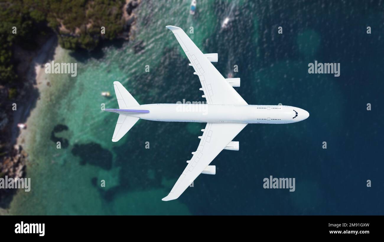 Airplane flying over beach with palm tree, white sand and turquoise ...
