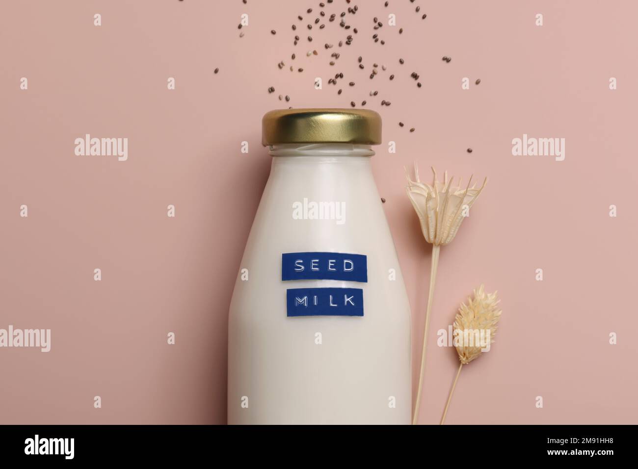 chia seed milk in bottle on beige background with plant. copy space ...