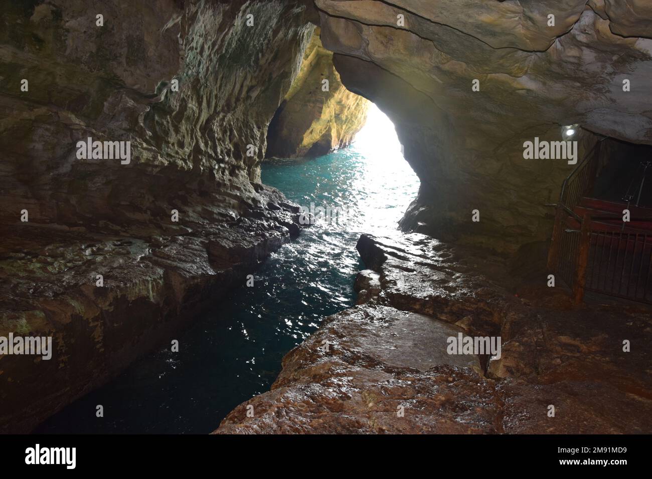 Rosh HaNikra Grottoes with white chalk cliffs and cable car in Israel ...