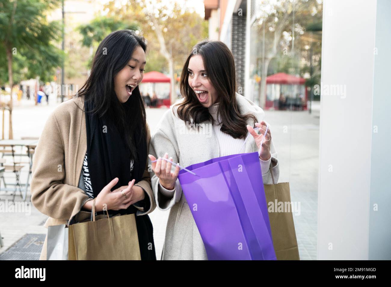 Two beautiful women looking inside shopping bags in the ctiy - sale ...