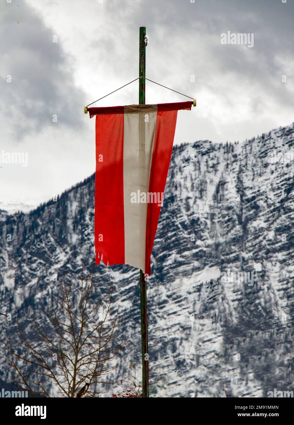 The Austrian national flag hangs on a flagpole under the snowy Alps ...