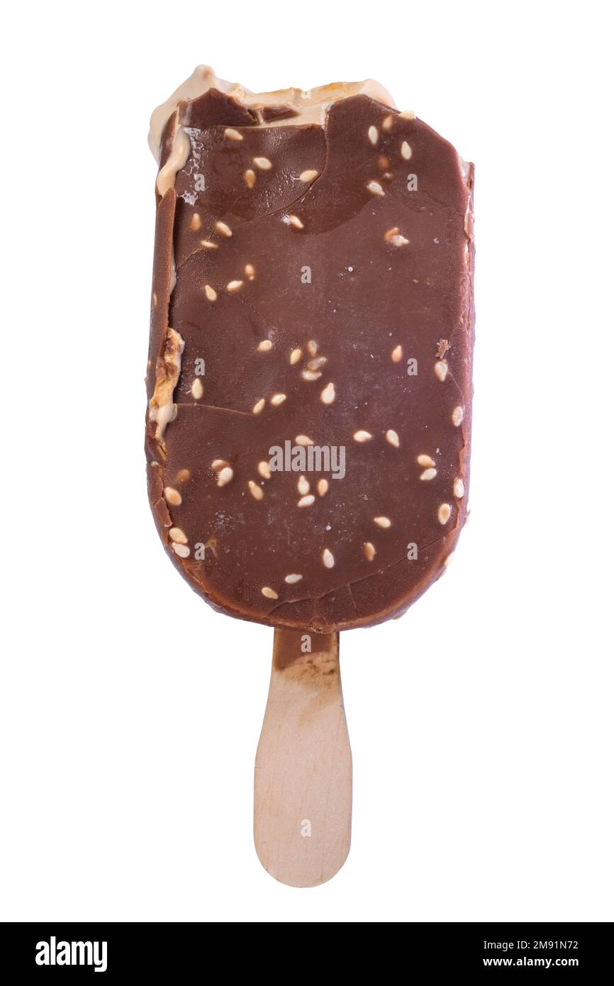 Bitten chocolate popsicle ice cream isolated on white background with ...