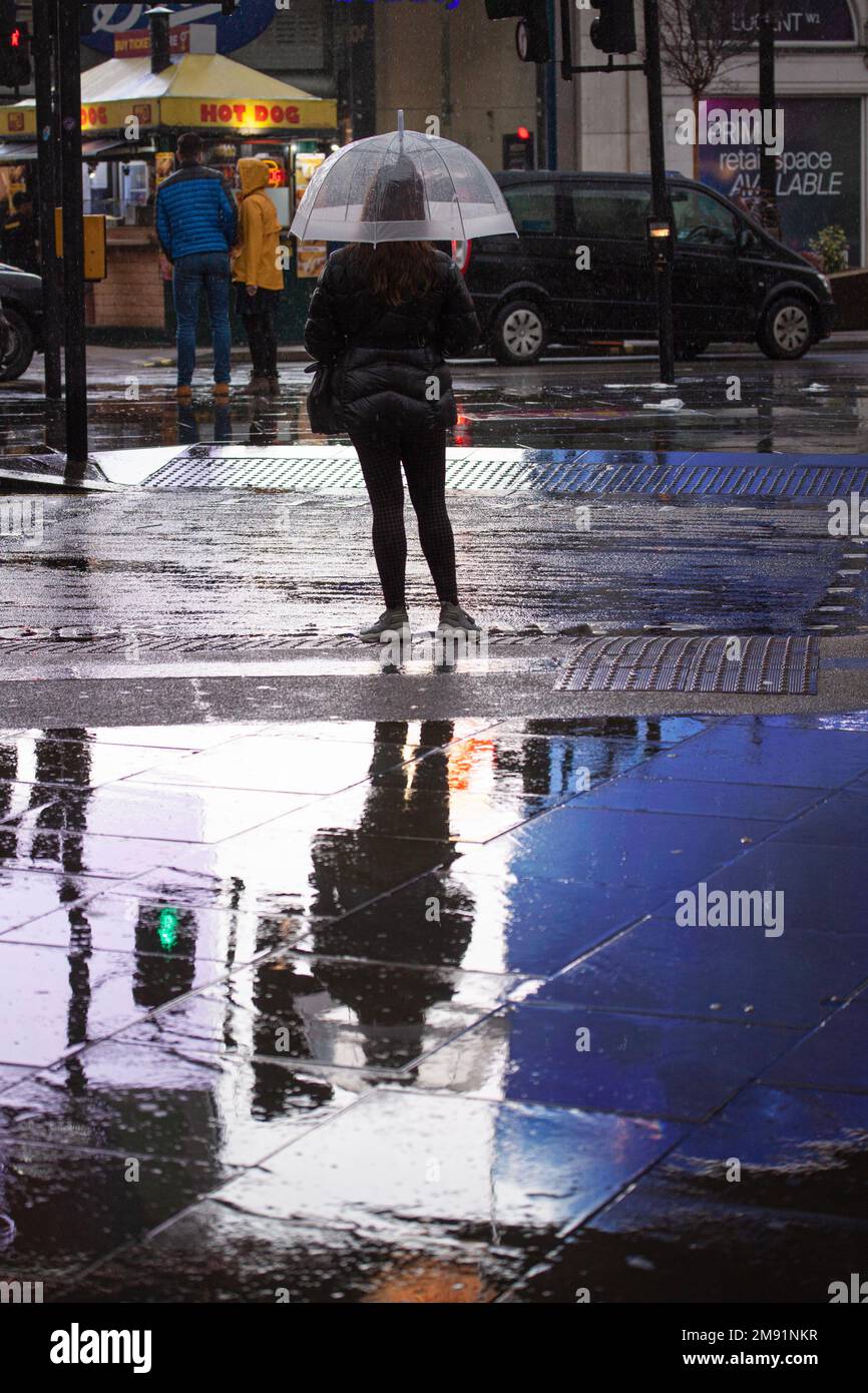 Back view to elegant young woman with transparent umbrella standing in ...