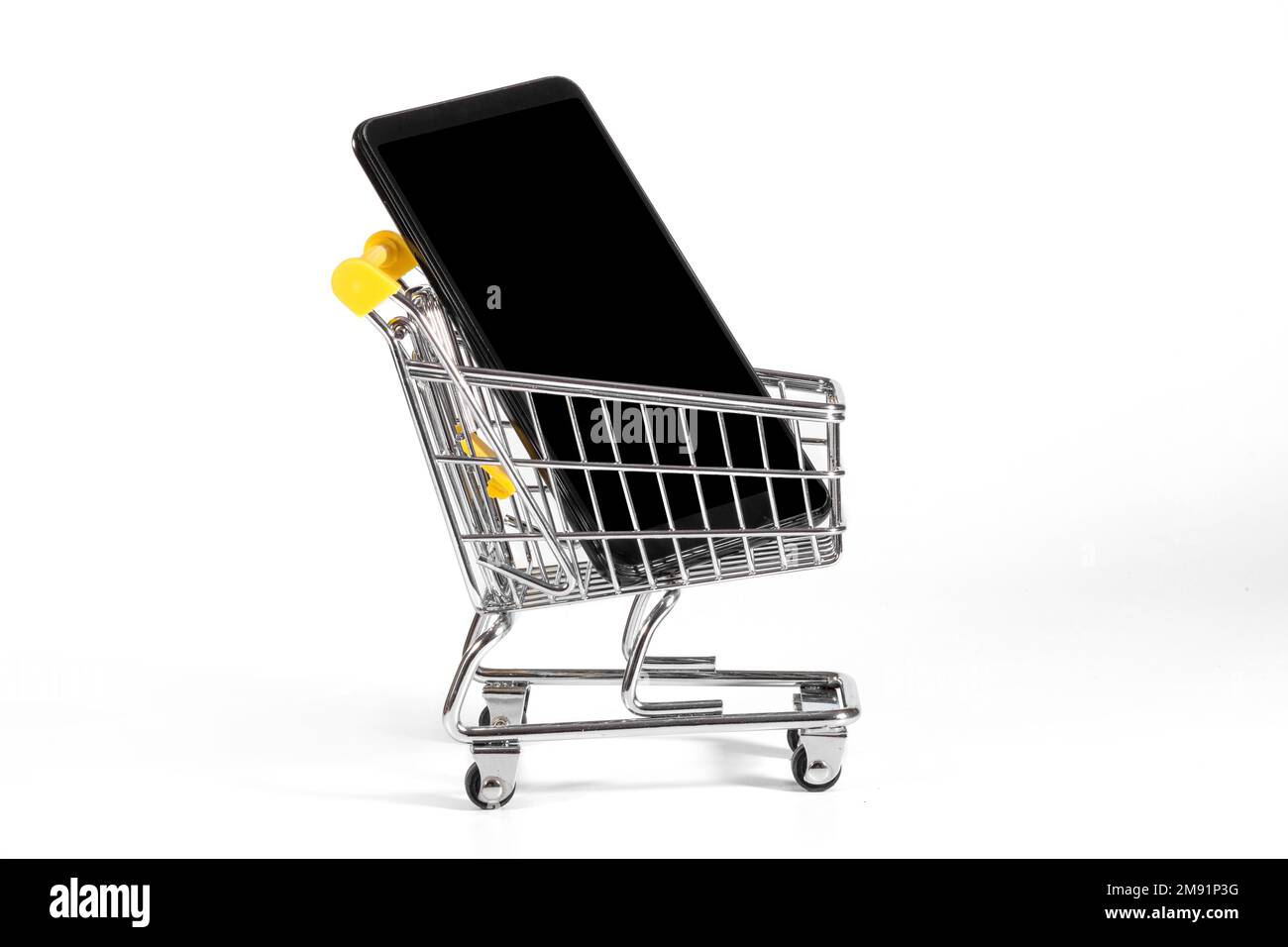A cellphone in a shopping cart at the white background Stock Photo - Alamy