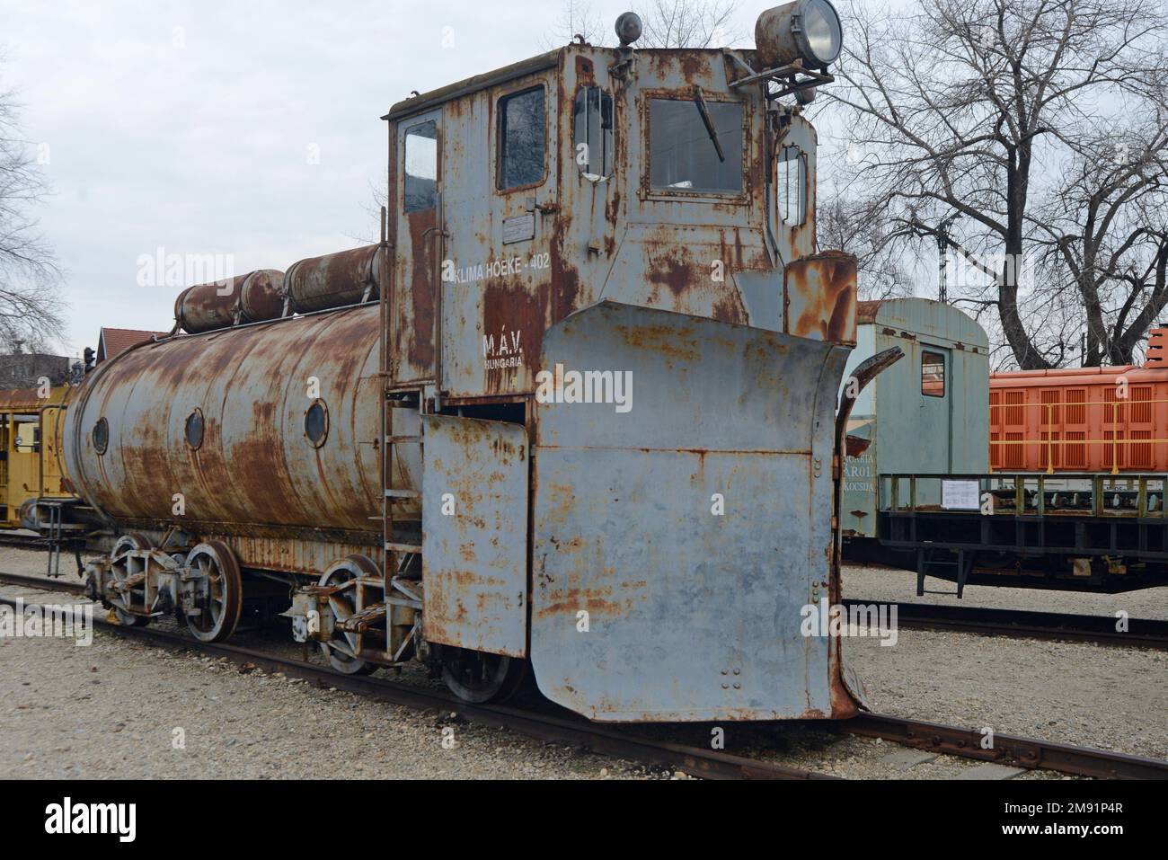 A vintage snow plough for clearing railway lines, at the Hungarian ...