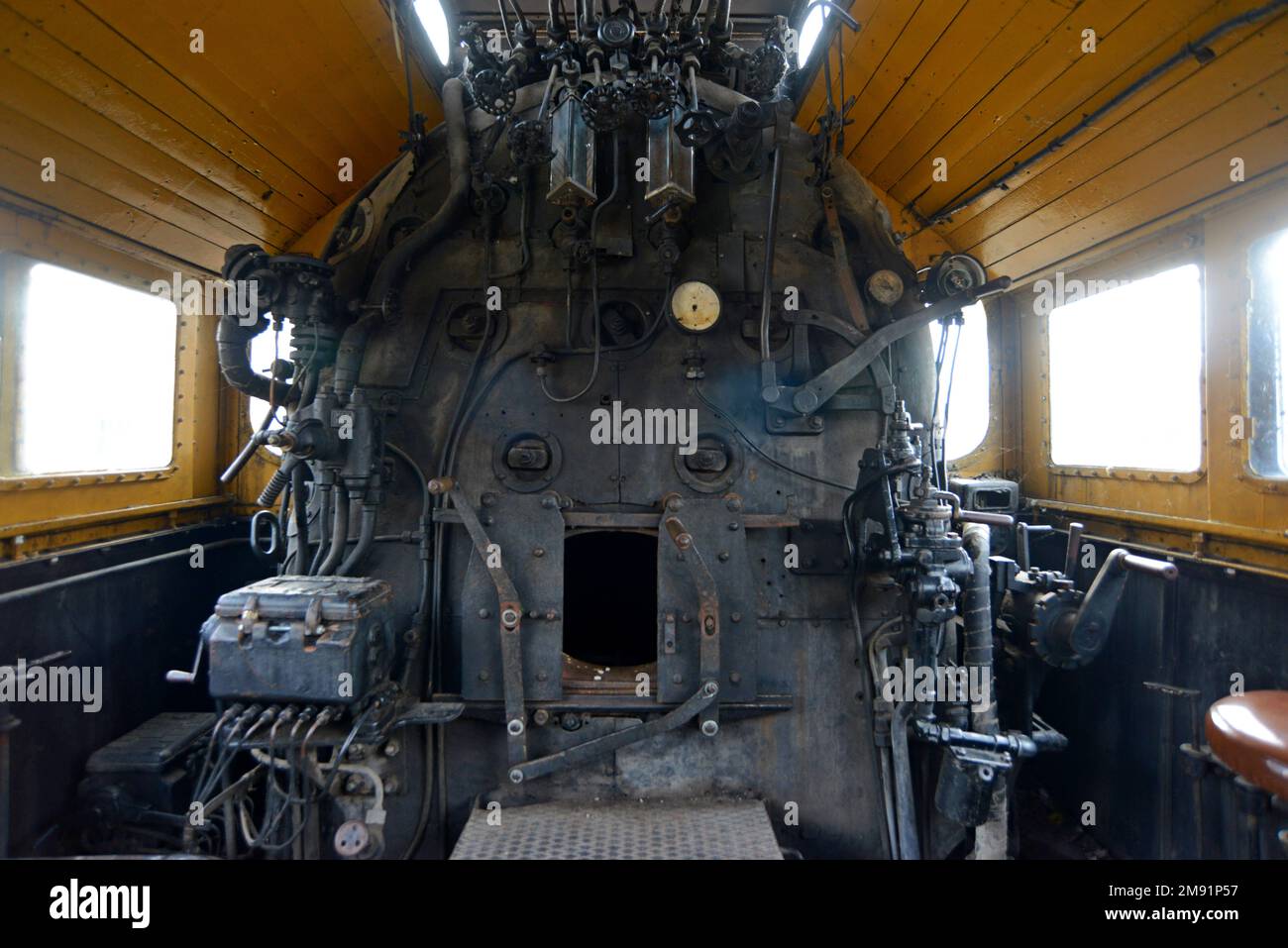 Footplate of an antique steam locomotive displayed around a loco ...