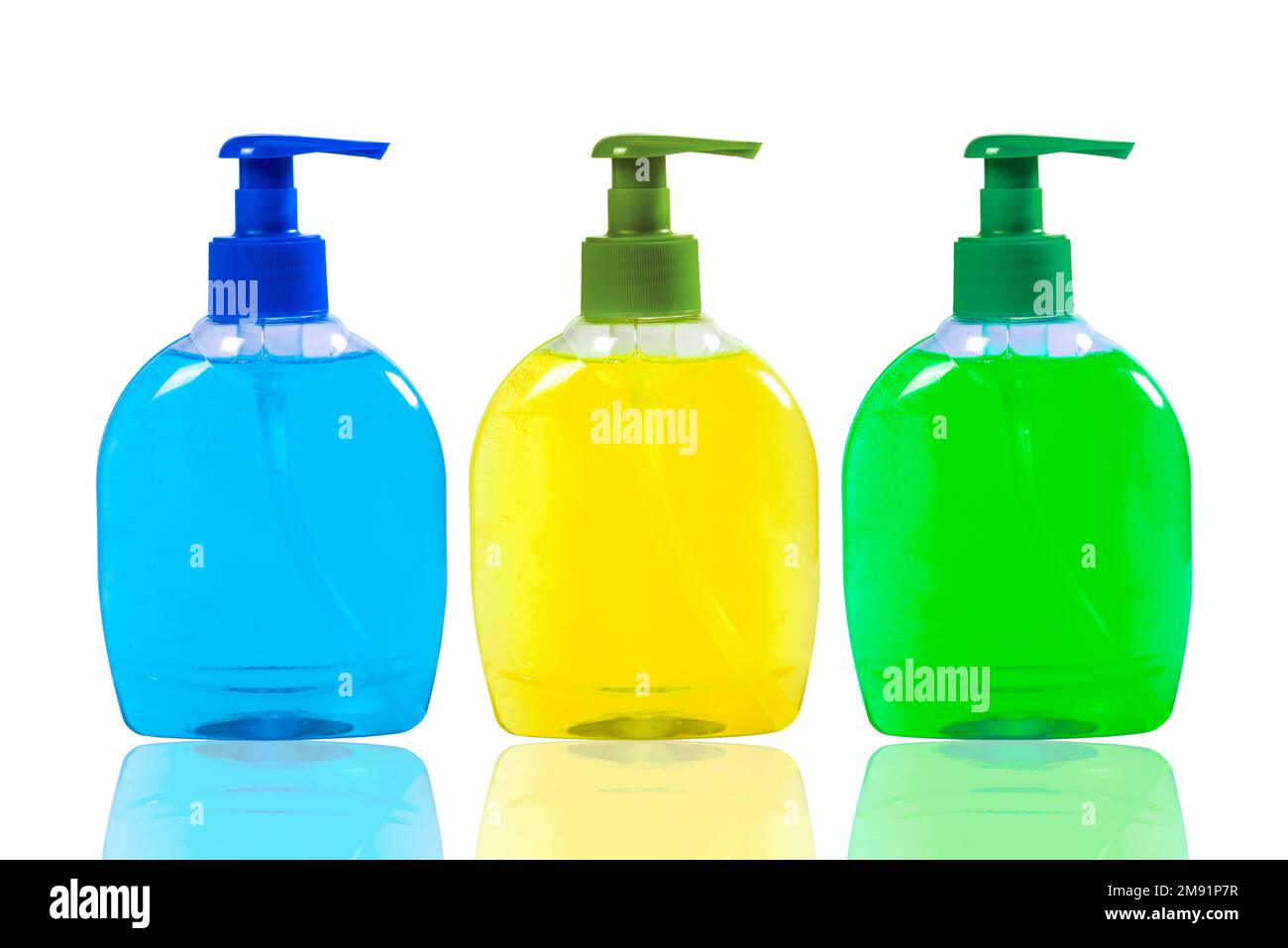 Collection of color various liquid soap on a white background with ...