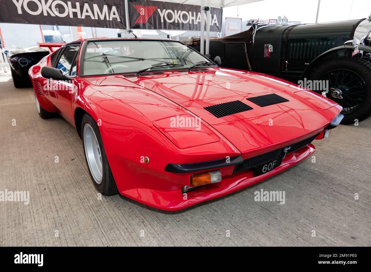 Three-quarters front view of a Red, De Tomaso Pantera GT5S, on display ...