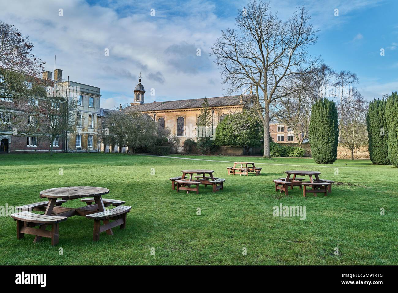 Picnic benches in the paddock garden at Emmanuel college, university of ...