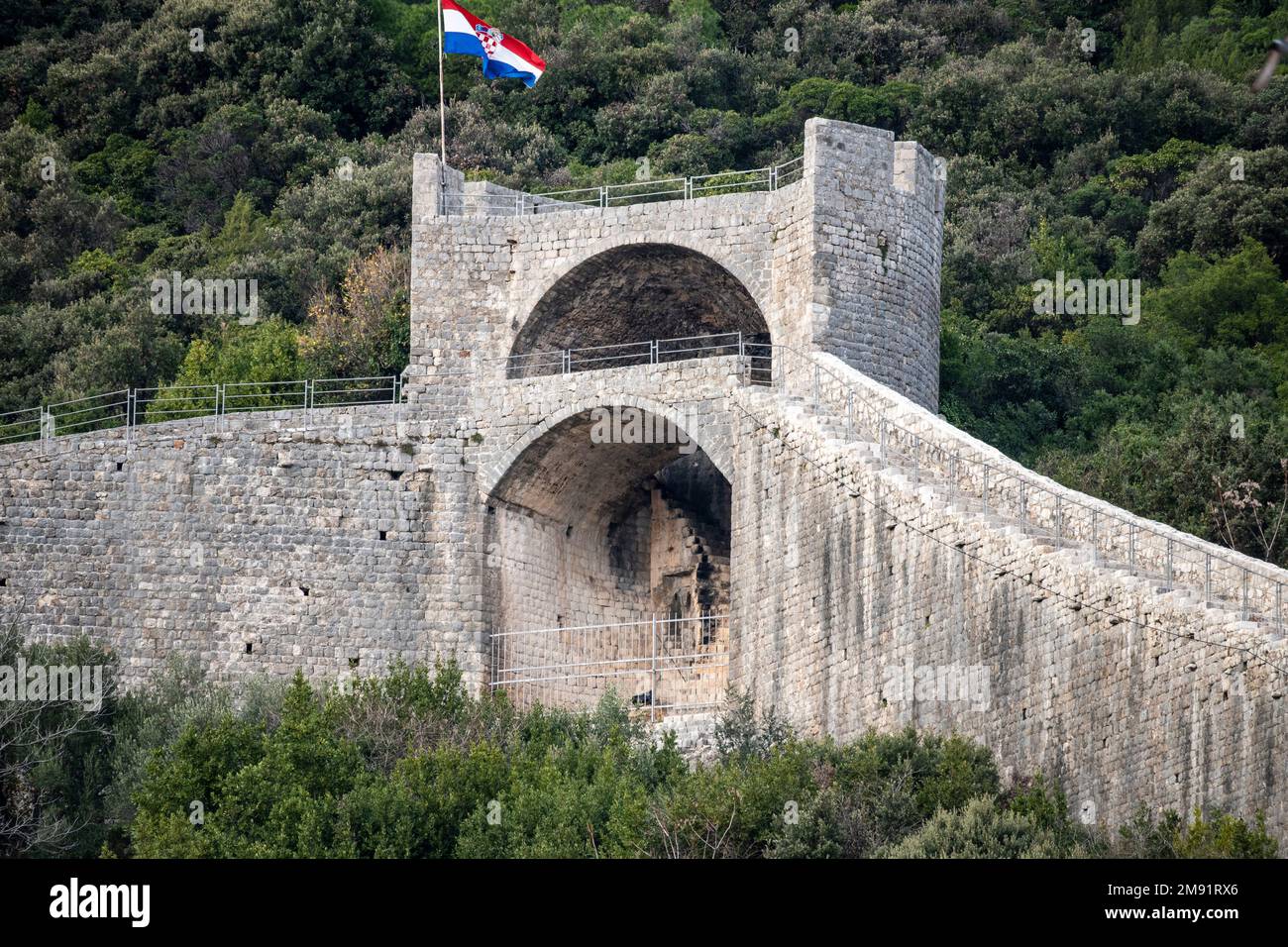 Famous tower and defence walls in the town of Ston on Peljesac ...