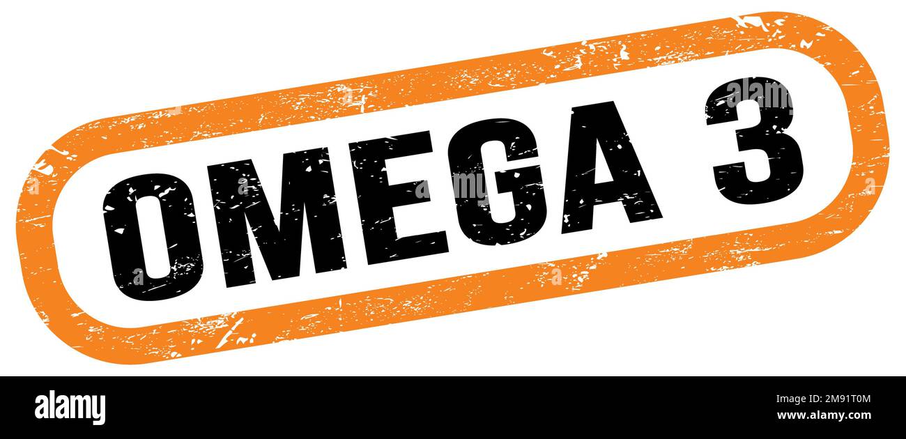 OMEGA 3, text on orange-black rectangle stamp sign Stock Photo - Alamy