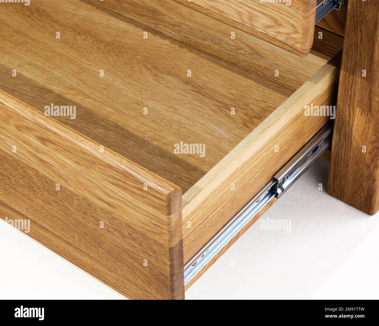 Opened wooden drawer with a slider close view photo, wooden eco ...