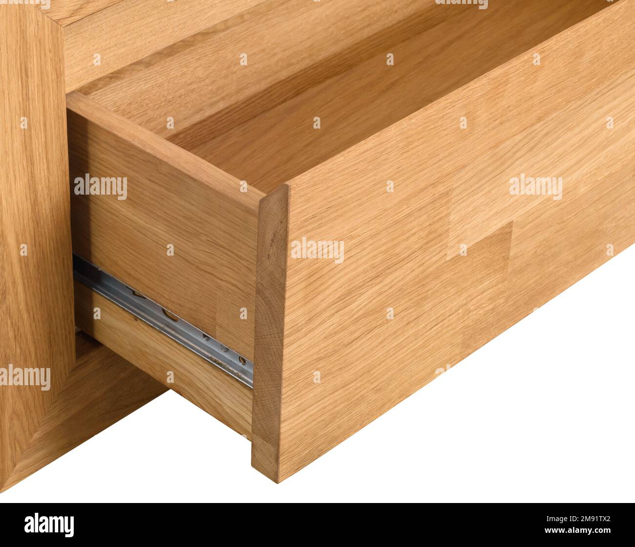 Wooden drawer with a slider close view isolated over white background ...