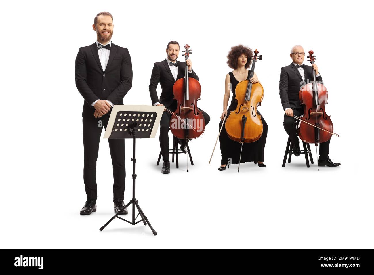 Group of male and female cellists and a music conductor posing isolated ...