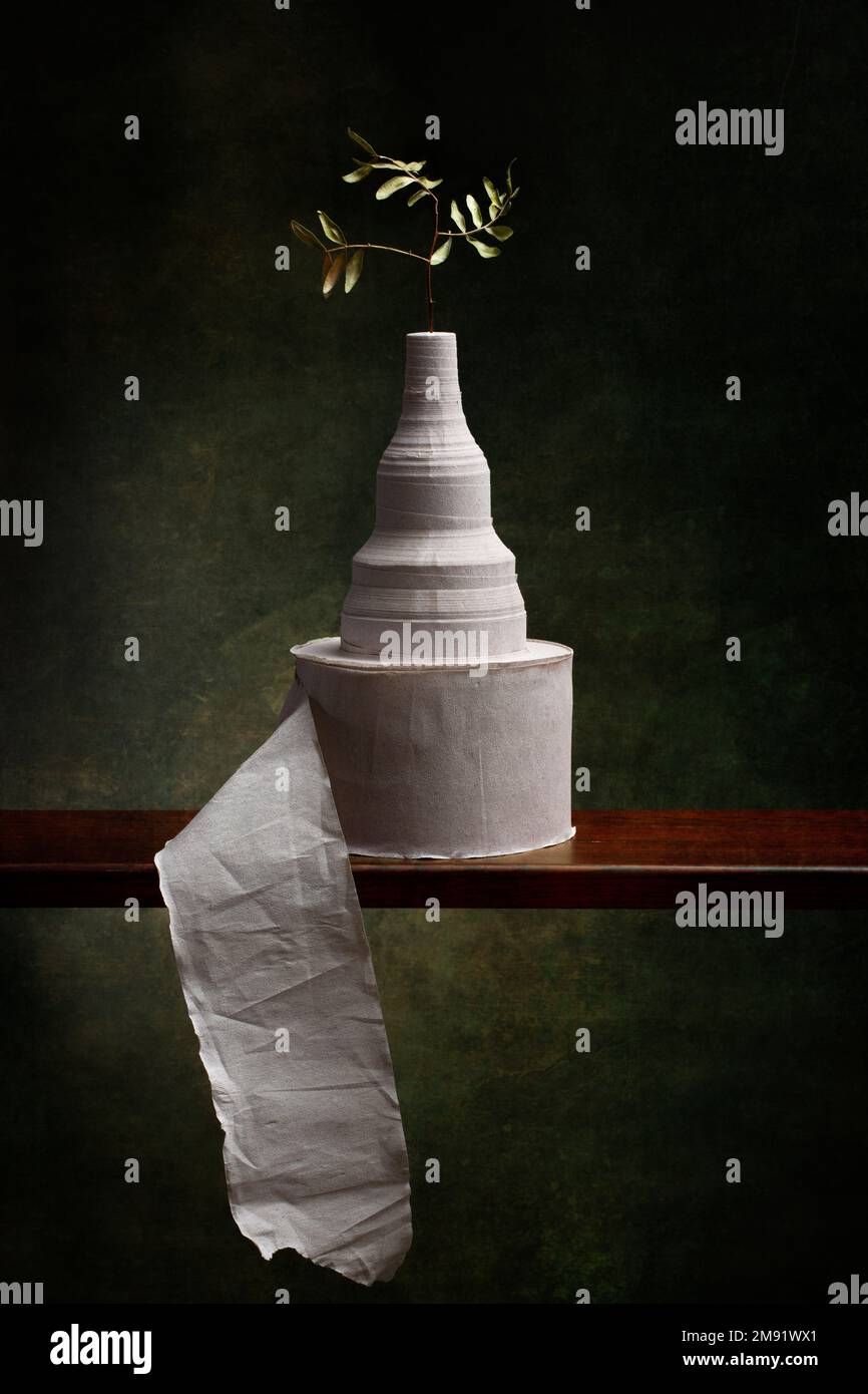 Still life with a roll of toilet paper and a branch of a plant Stock ...