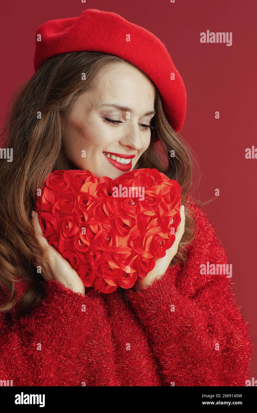 Happy Valentine. happy stylish 40 years old woman in red sweater and ...