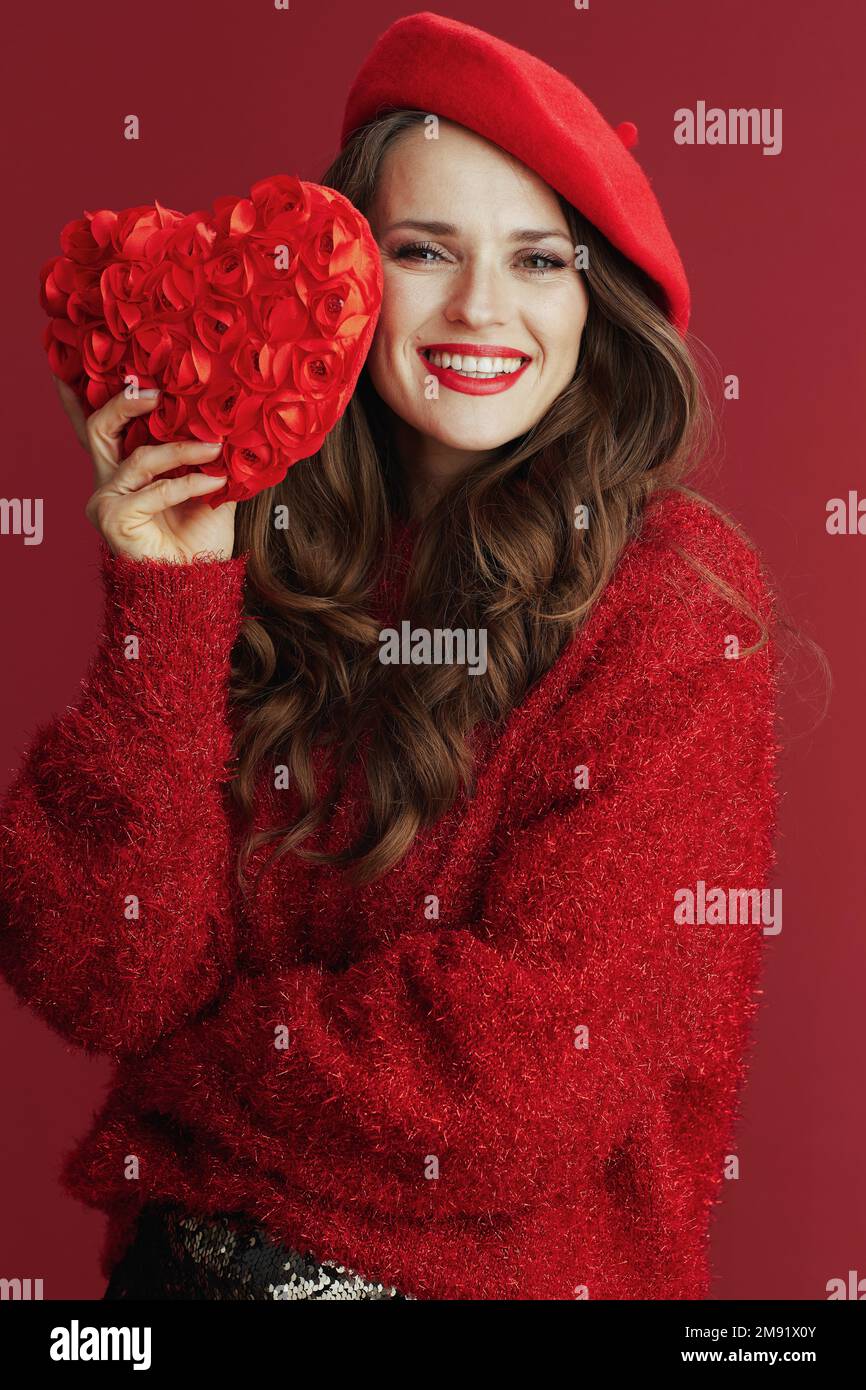 Happy Valentine. happy stylish 40 years old woman in red sweater and ...